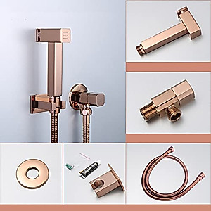 MINJING Handheld Toilet Bidet Sprayer with Pushing Button, Rose Gold Bathroom Shower Set, Solid Brass Bidet Faucet for Cold Water, Wall Mount Square Cloth Diaper Sprayer,B Set