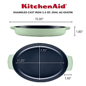 KitchenAid Enameled Cast Iron Au Gratin Oval Roasting Pan, 2.5 Quart, Pistachio
