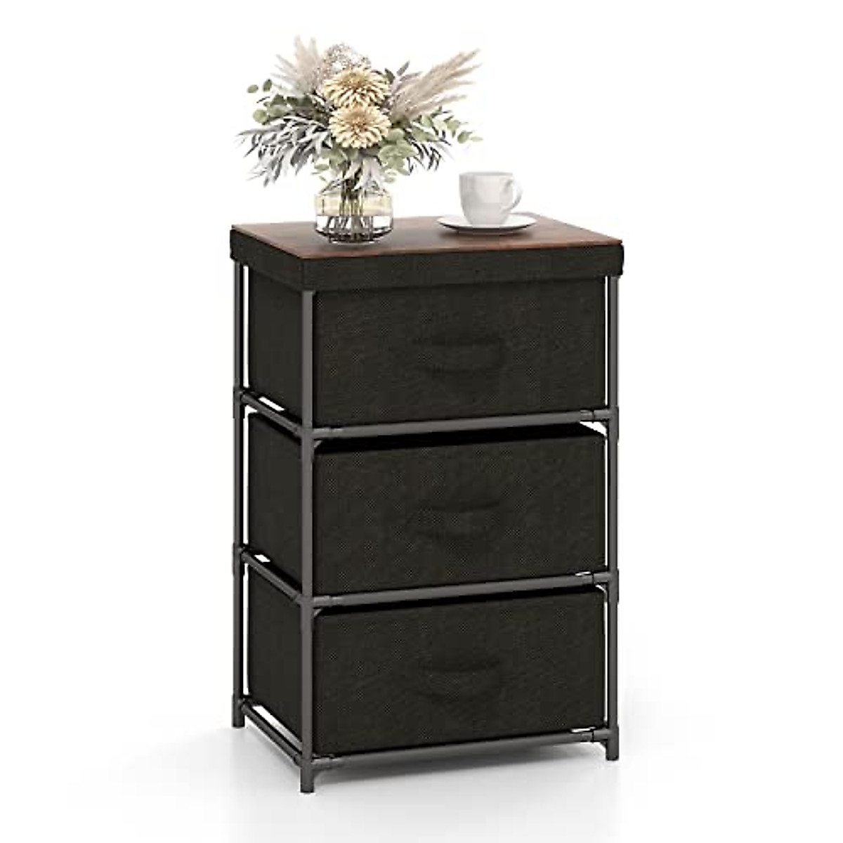 Giantex Nightstand with 3 Fabric Drawers, 24.5" Tall Bedside Table with Removable Lid for Bedroom, Study, Storage Dresser Organizer, Easy Assembly, Black and Rustic Brown