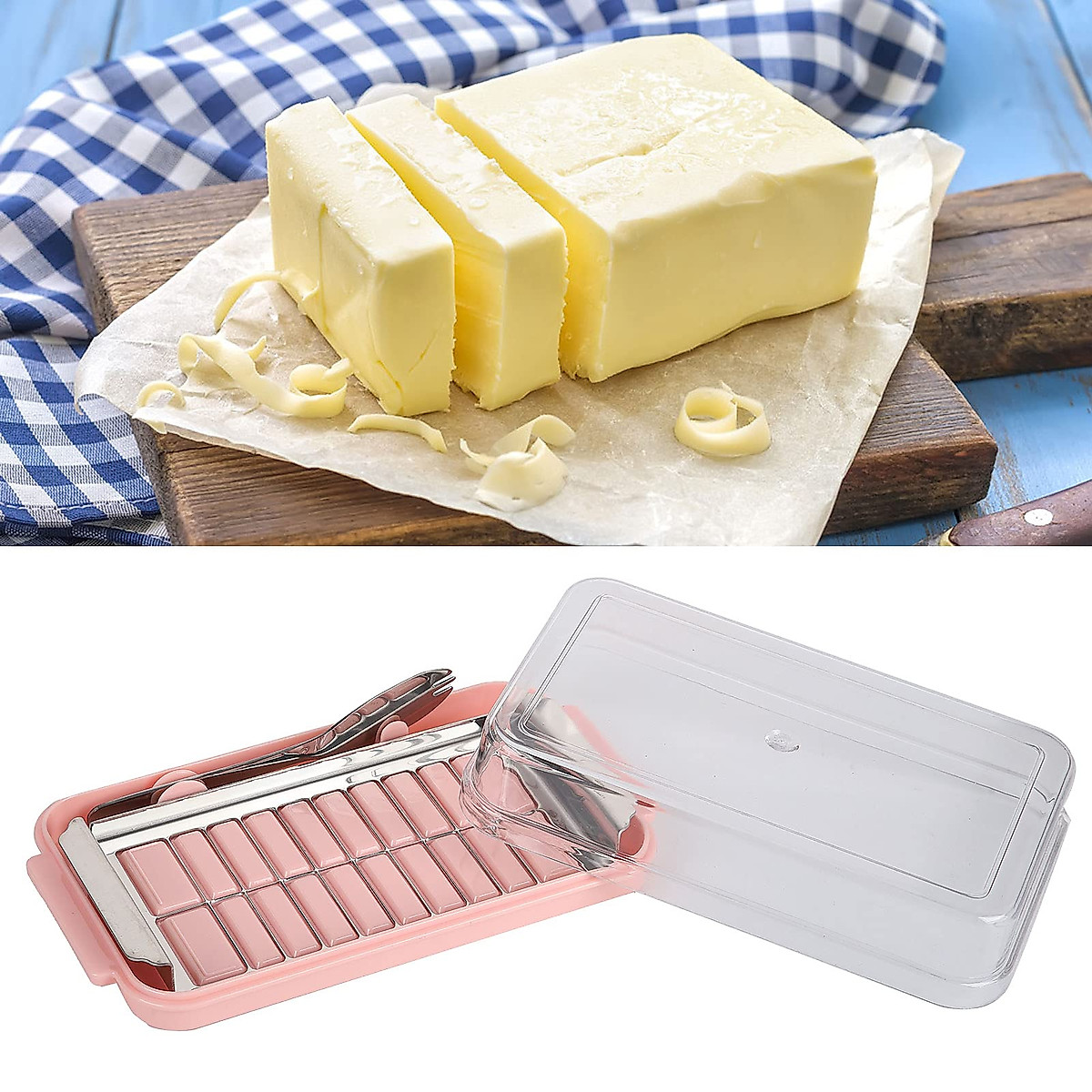 Butter Cutter Container,Cutter Style Butter Case,Stainless Steel Butter Storage Box,Cheese Storage Box with Transparent Cover, Butter Cutter Container, Kitchen Supplies for Home Kitchen(Pink)