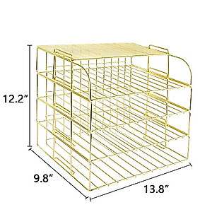 Spacrea Letter Tray, 4 Tier Desk Organizers and Accessories, Stackable Paper Tray Organizer Desk File Organizer with 1 Upper Display Shelf for School Home Office Supplies (Gold)