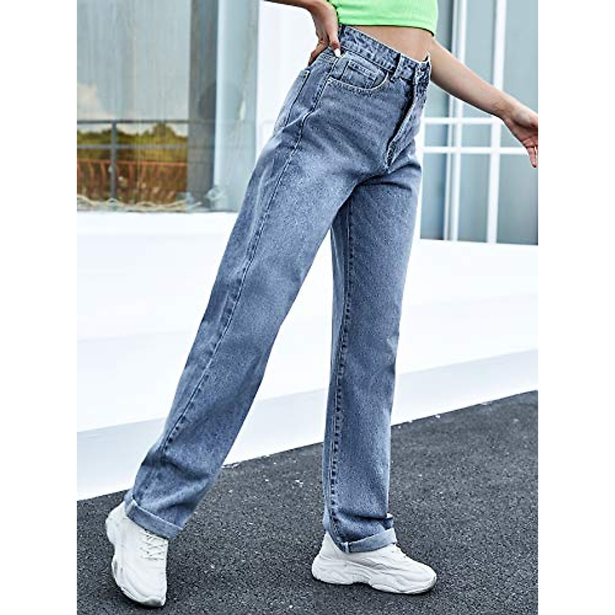 SweatyRocks Women's Casual Boyfriend Jeans High Rise Denim Pants with Pocket Blue M