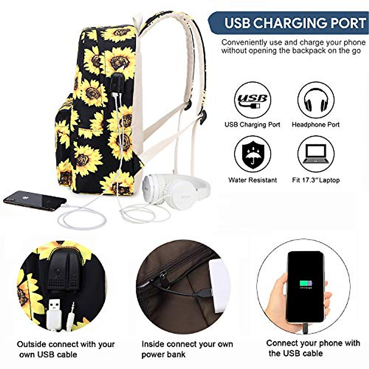 Natayoo Sunflower School Backpack for Girls Women Water Resistant Laptop Backpack with USB Charging Port, Lightweight College Bookbag