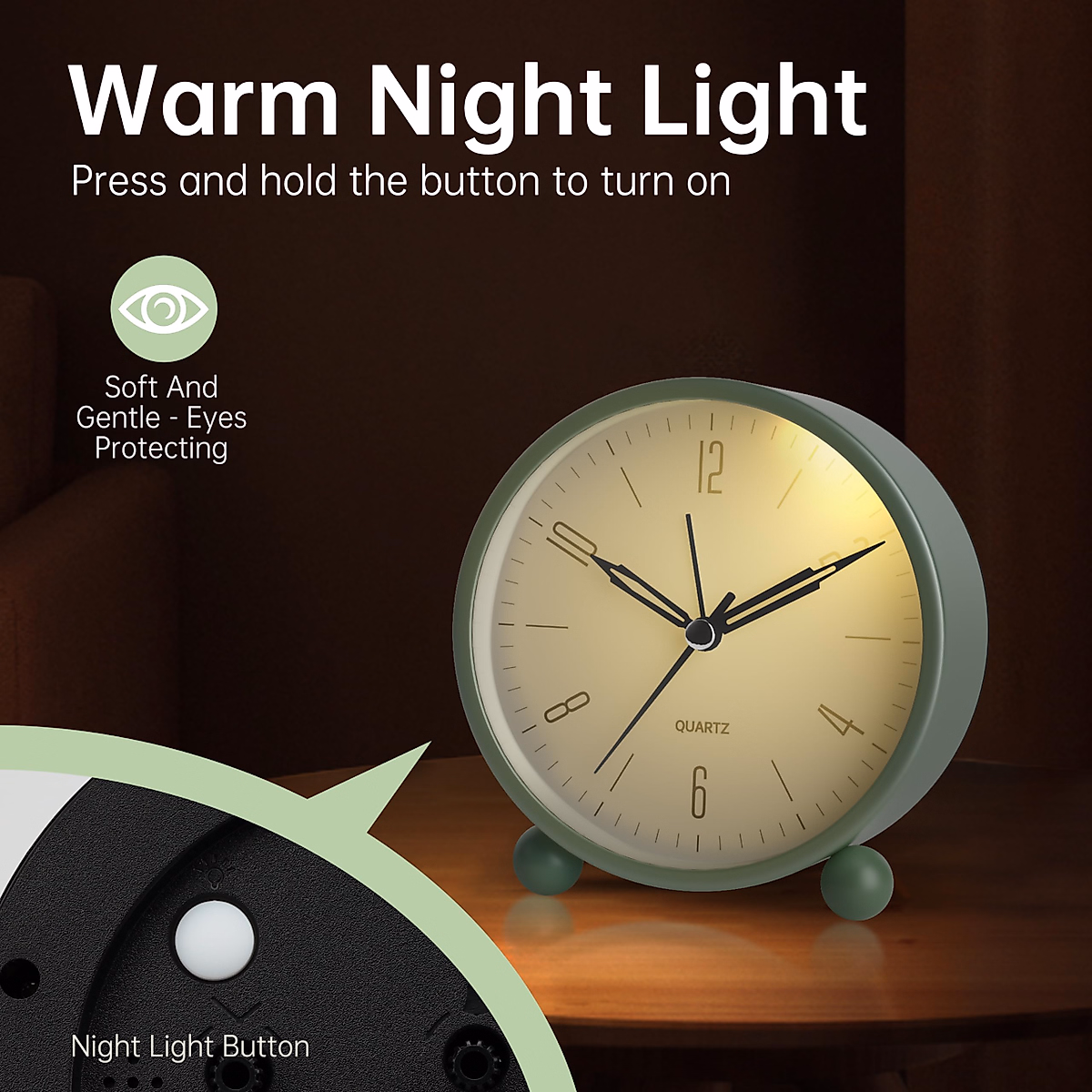 Analog Alarm Clock, 4 inch Super Silent Non Ticking Small Clock with Night Light, Battery Operated, Simply Design, for Bedroon, Bedside, Desk, (Green)