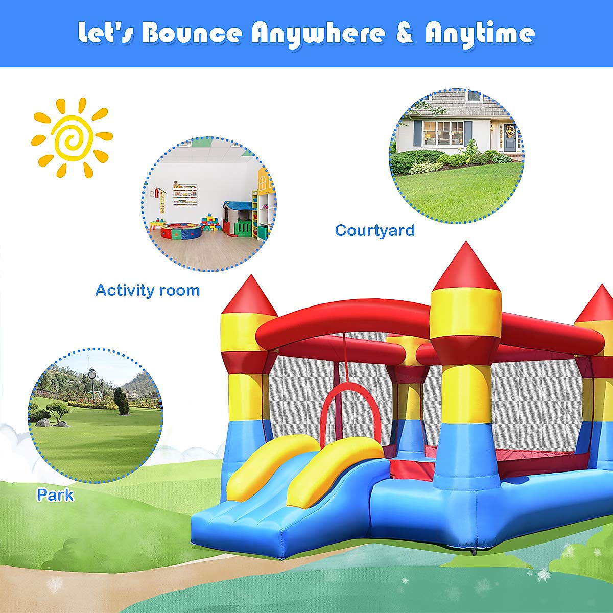 Costzon Inflatable Bounce House, Party Castle Bouncy House for Kids 12ft L x 9ft W x 7ft H Indoor Outdoor Fun w/Large Jumping Area & Fun Slide, Blower, Toddler Bounce House for Backyard Birthday Gifts