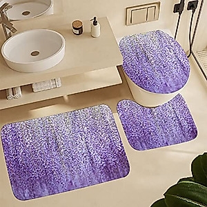 Habilboi Bath Mat Set 3 Pieces Bathroom Mat Field of Floral Spring Purple Flowers 16x24inch Non-Slip Bathroom Decor Doormat Runner Rugs, U-Shaped Toilet Floor Mats, Toilet Seat Cover