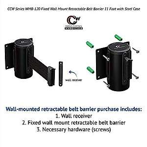 Crowd Control Warehouse - CCW Series WMB-120 Fixed Wall Mount Retractable Belt Barrier - 11 Foot, Black Belt with Black Steel Case