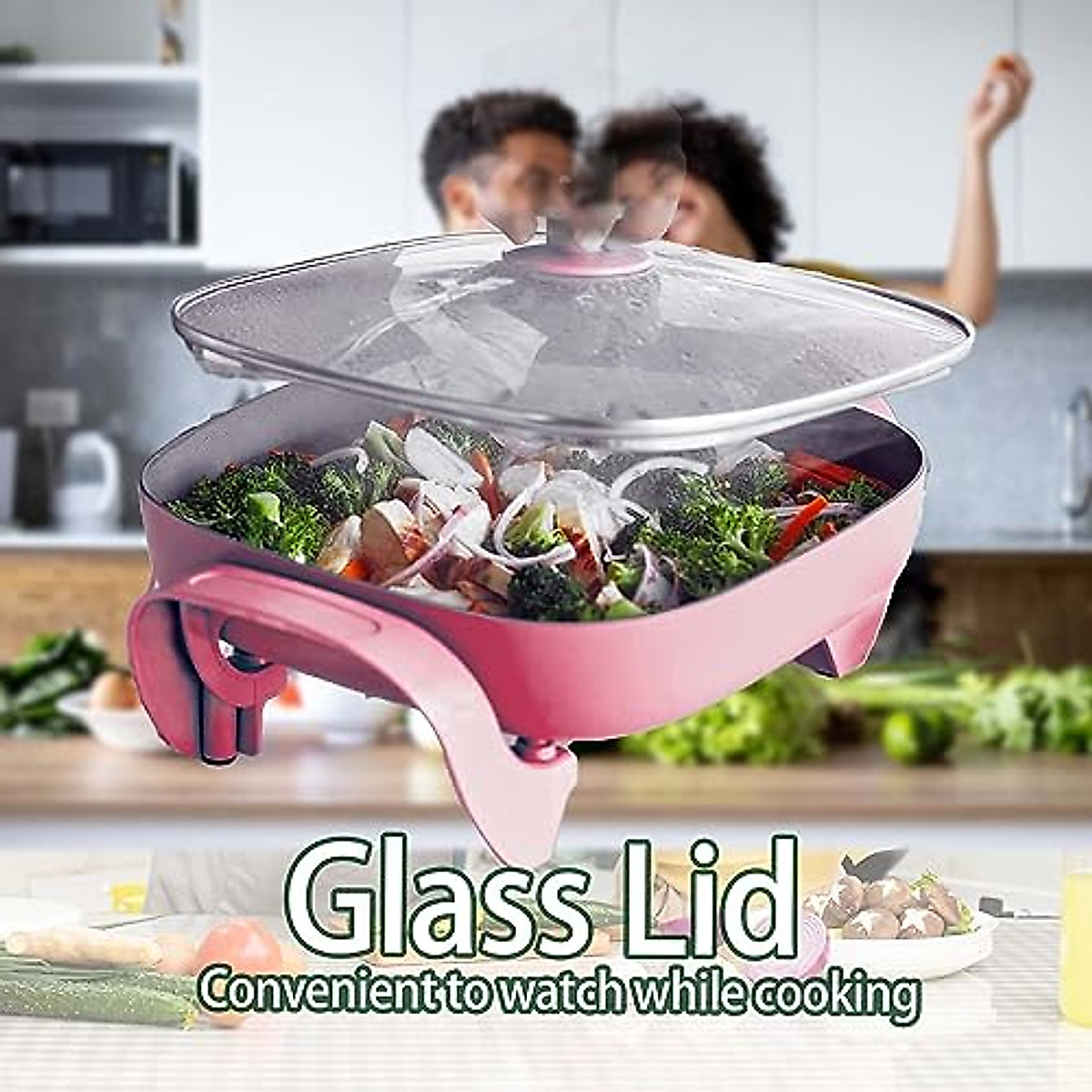 5QT Electric Skillet Nonstick with Glass Lid - 12" Ceramic Electric Fry Pan, Adjustable Temperature Control, Dishwasher Safe(Pink)