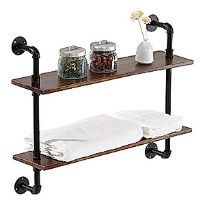 MOCOME 27.5" Industrial Pipe Shelving,Iron Pipe Shelf with Wood for Kitchen,Wall Mounted Shelf Rustic Black Pipe Floating Shelves for Bathroom 2 Tier,Brown