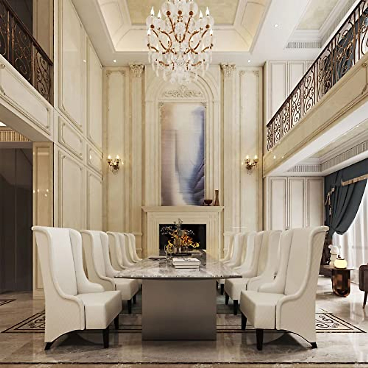 ME2 22" W Luxury Leather Chair for Dining Room High Back Accent Chair for Living Room, Solid Wood Frame Side Chair with Wood Legs Dining Chair for Restaurant/Dining Room, White