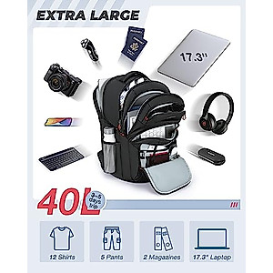 BAGSMART Travel Laptop Backpack Men Women, Extra Large Work 17.3 Inch Computer Backpack Airline Approved Carry On with Water-Repellent, Charging Hole, for Business Work College Hiking Weekender, Black