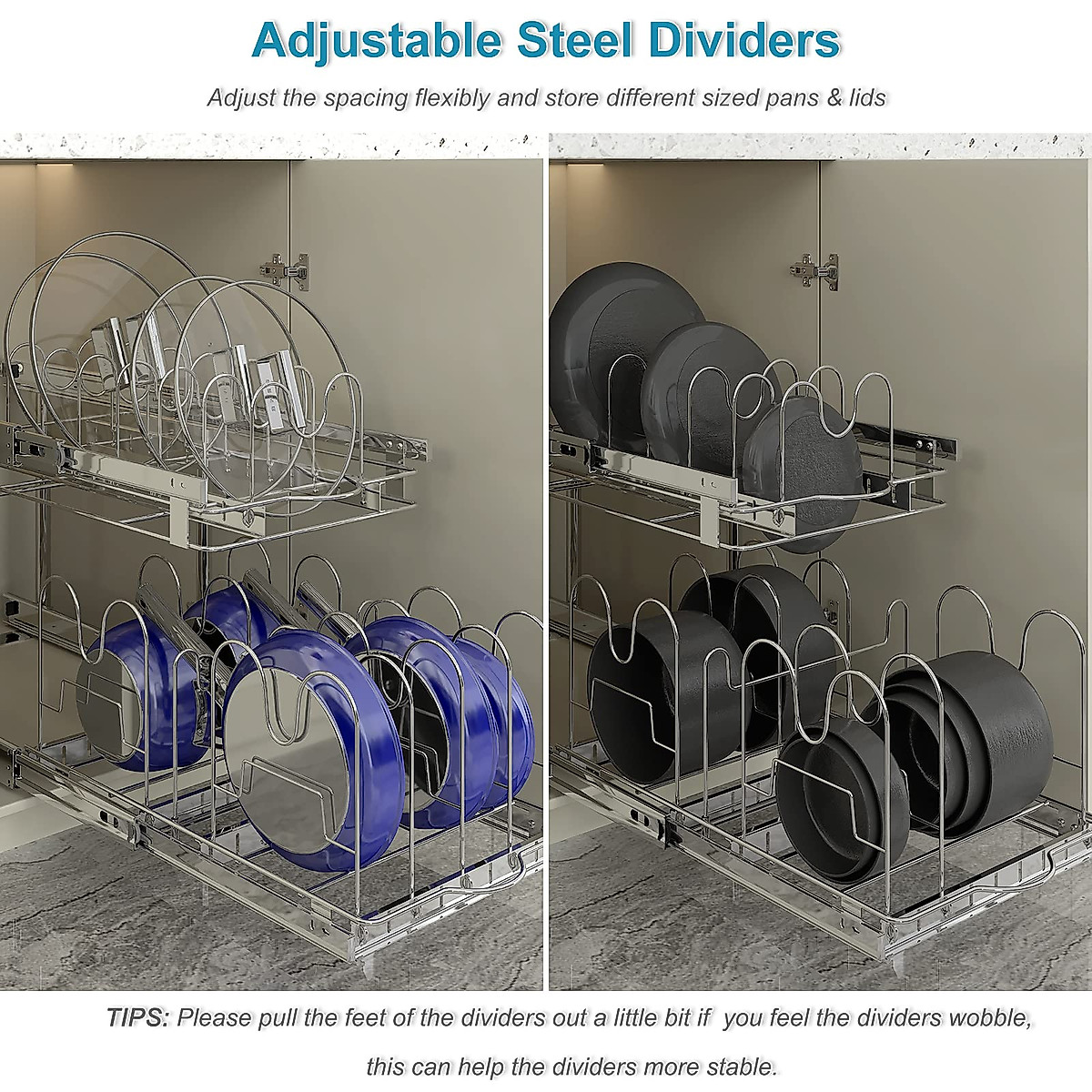 TQVAI Pot and Pan Organizer for Cabinet, Pot Lid Organizer Rack, Pull Out Sliding Cabinet Organizer - Separate Full-Extension Guide Rail - Cabinet Request at Least 15" W x 22.5" D x 22.5" H