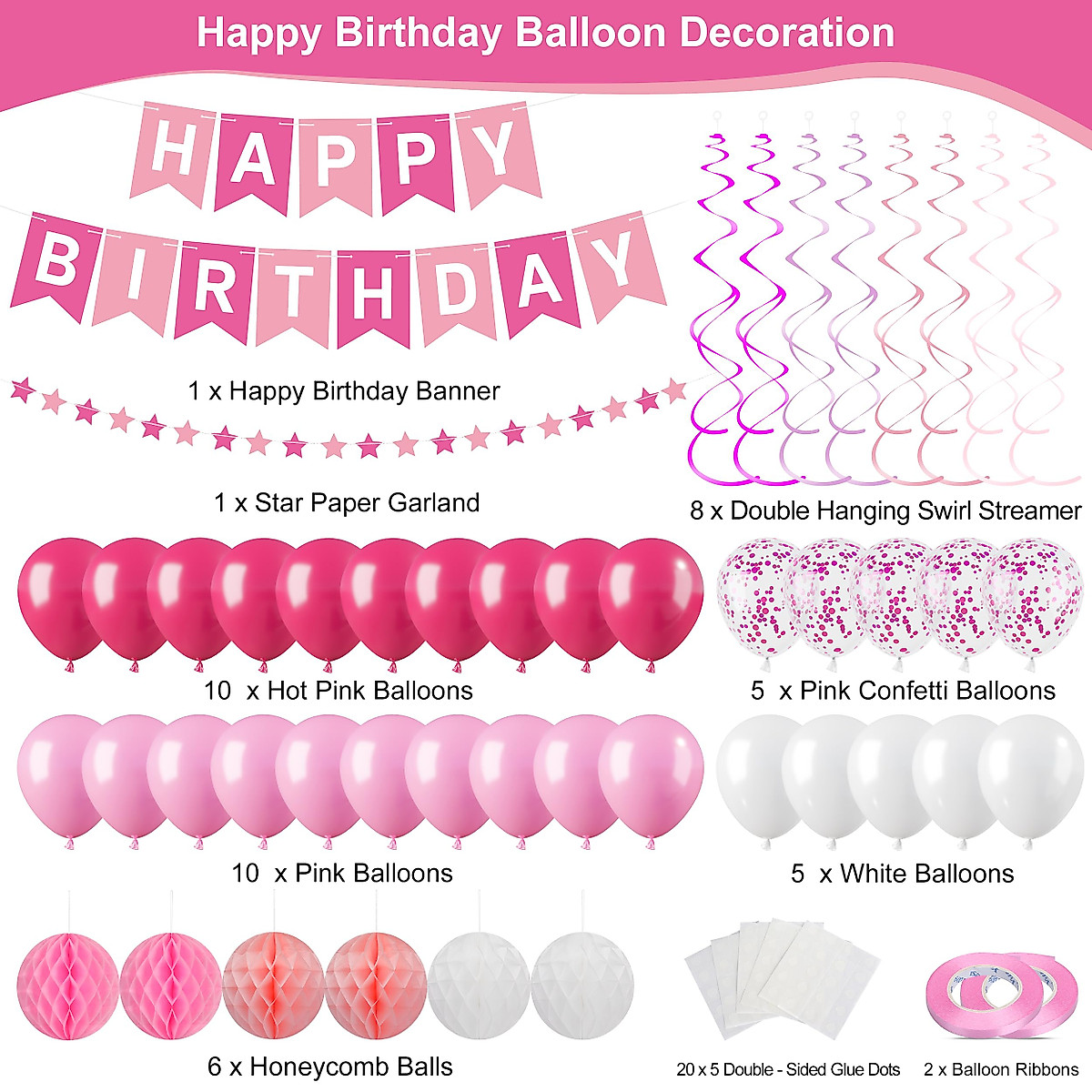 Pink Happy Birthday Party Decorations Set for Women Girls, Pre-Strung Happy Birthday Sign Banner, Pink Balloons, Tissue Paper Pom Poms, Star Garland, Hanging Swirls for Birthday Princess Party