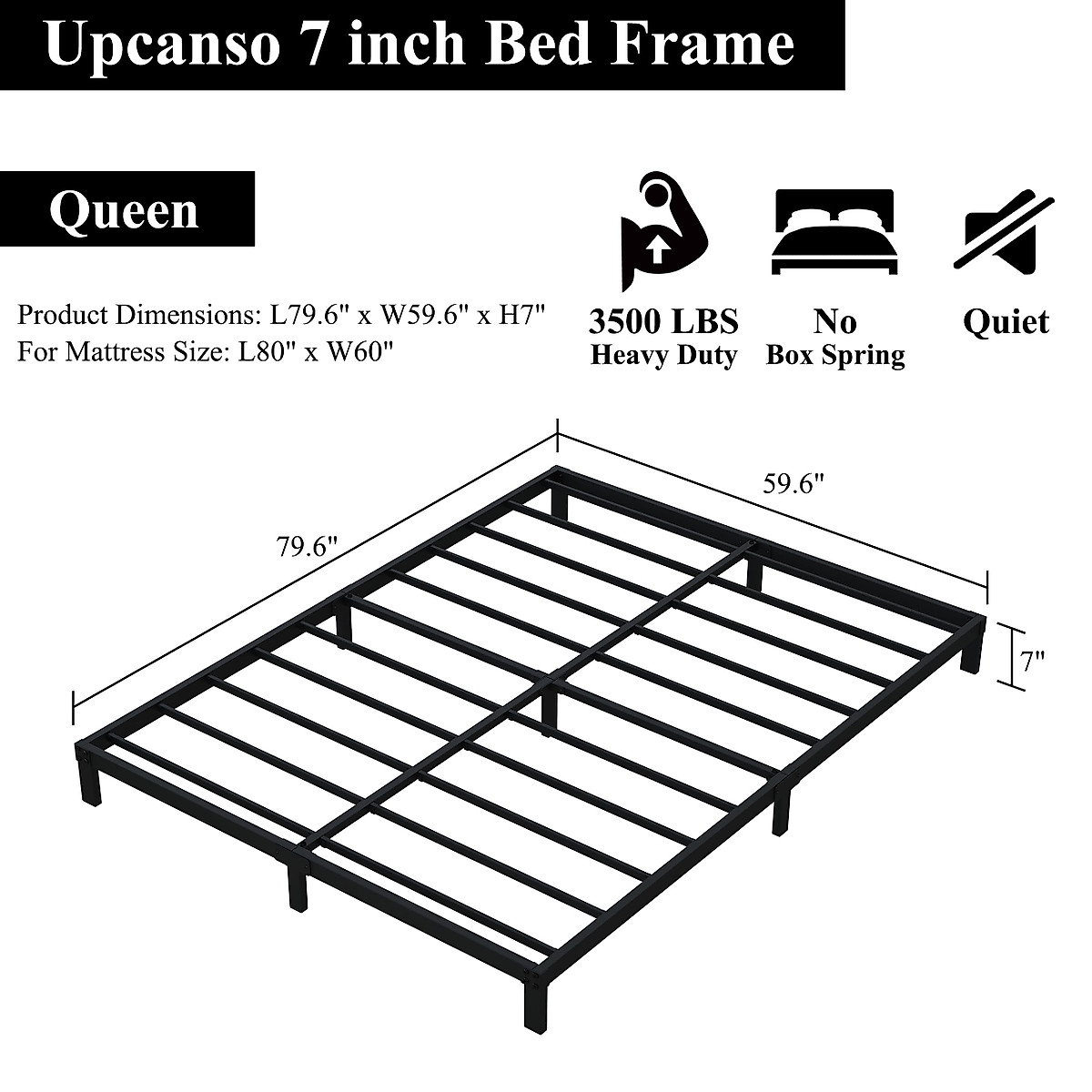 Upcanso 7 Inch Queen Bed Frame No Box Spring Need, Low Profile Metal Platform Bed Frame Queen Size, Heavy Duty Support Bedframes Queen, Easy Assembly