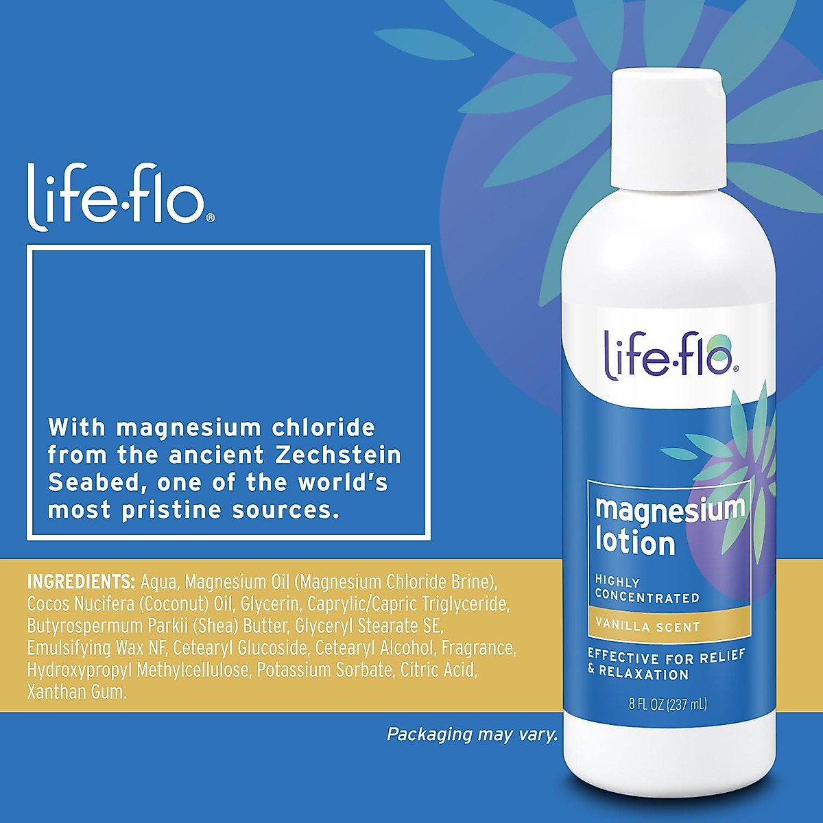 Life-flo Magnesium Lotion, Vanilla Scent - Relief and Relaxation with Magnesium Chloride from The Zechstein Seabed - Dermatologist Tested, Hypoallergenic, 60-Day Guarantee, Not Tested on Animals, 8oz