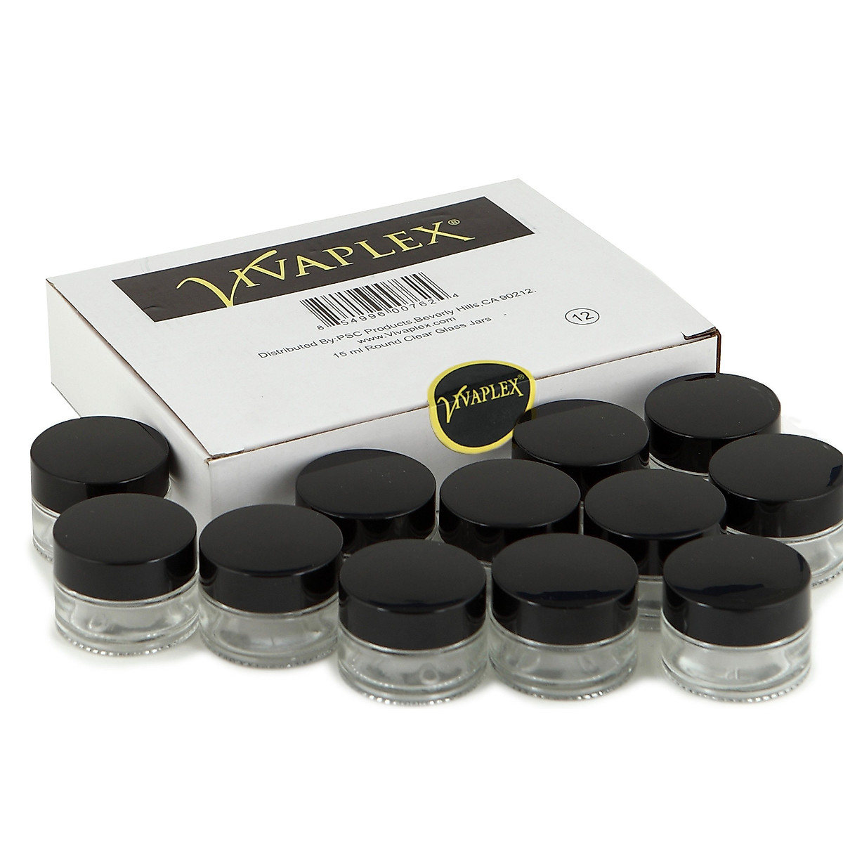Vivaplex, 12, Clear, 15 ml (1/2 oz), Round Glass Jars, with Inner Liners and black Lids