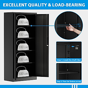72" Metal Storage Cabinet with Lock, Heavy-Duty Garage Storage Cabinet with Doors and Adjustable Shelves, Tall Cabinet Tool Cabinet File Cabinet for Garage, Office, Home, Warehouse, Black