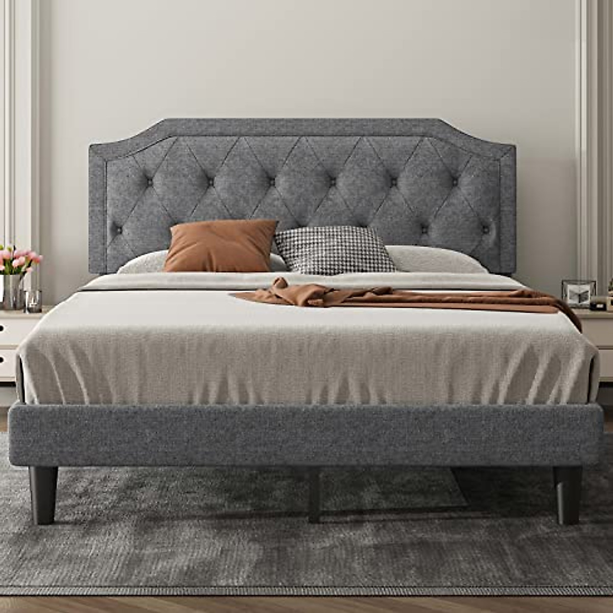Allewie Upholstered Queen Size Platform Bed Frame with Adjustable and Curved Corner Design Headboard, Easy Assembly, No Box Spring Required, Light Grey