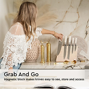 White Knife Set with Magnetic Knife Holder Stand - 6 PC White Magnetic Knife Set Includes White Handle Knife Set with Ashwood Magnetic Knife Block - White Kitchen Accessories, White Kitchen Decor