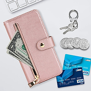 iCoverCase for iPhone 13 Pro Max Wallet Case with Card Holder, Adjustable Crossbody Lanyard PU Leather Kickstand Card Slots Zipper [Not Detachable] Flip Cover Case 6.7 Inch (Rose Gold)