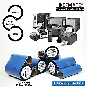 DEFMATE 4 Rolls 4.33" x 984' Thermal Transfer Ribbon - Premium Resin-Enhanced Wax Printer Ribbon 1inch core Ink Out for Zebra ZT410,ZT420,ZM400,Sato,Datamax,Citizen,Tsc,Tec, Printer