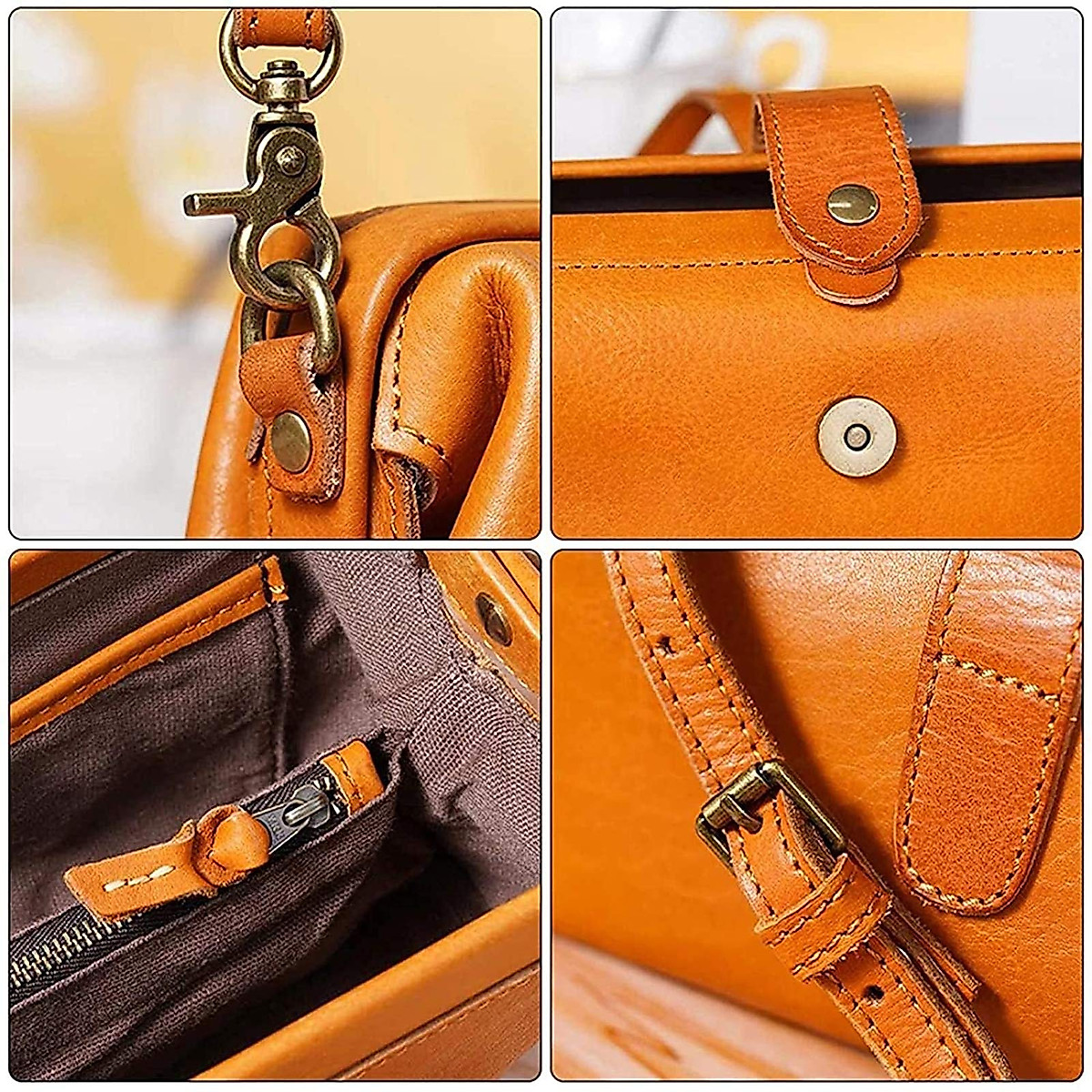 Premium Leather Retro Handmade Doctor Bag Unique Opening Women Crossboy Bag Retro Handmade Doctor Bag Crossbody (Coffee)