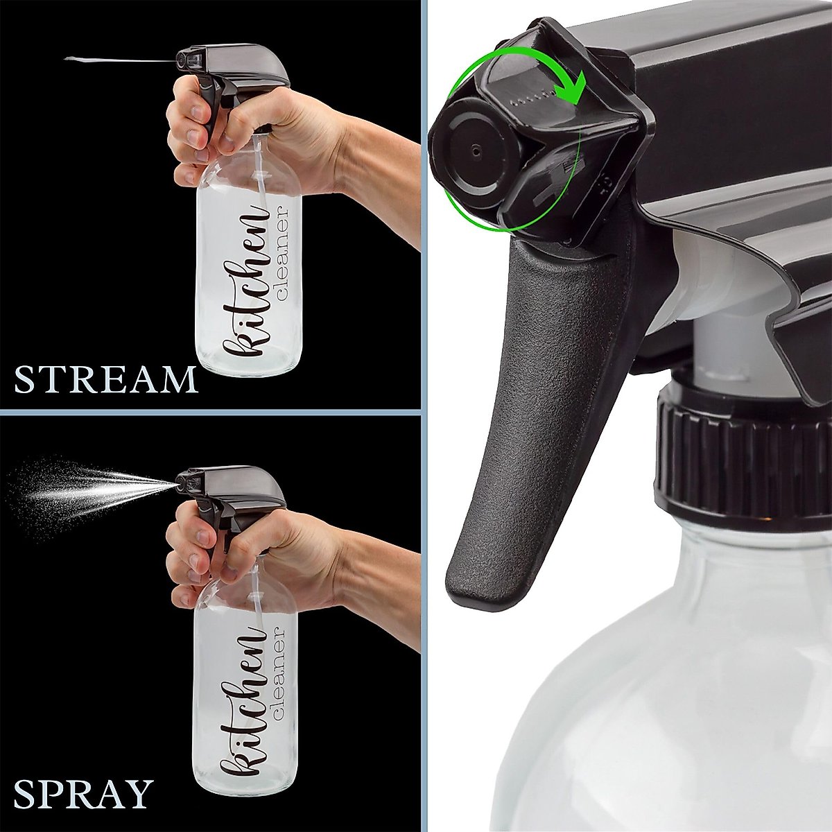 Cornucopia Brands Cleaning Spray Bottles Set, Glass (Set of 4, 16-Ounce); Refillable Trigger Sprayers w/Mist/Stream Settings and Farmhouse Script