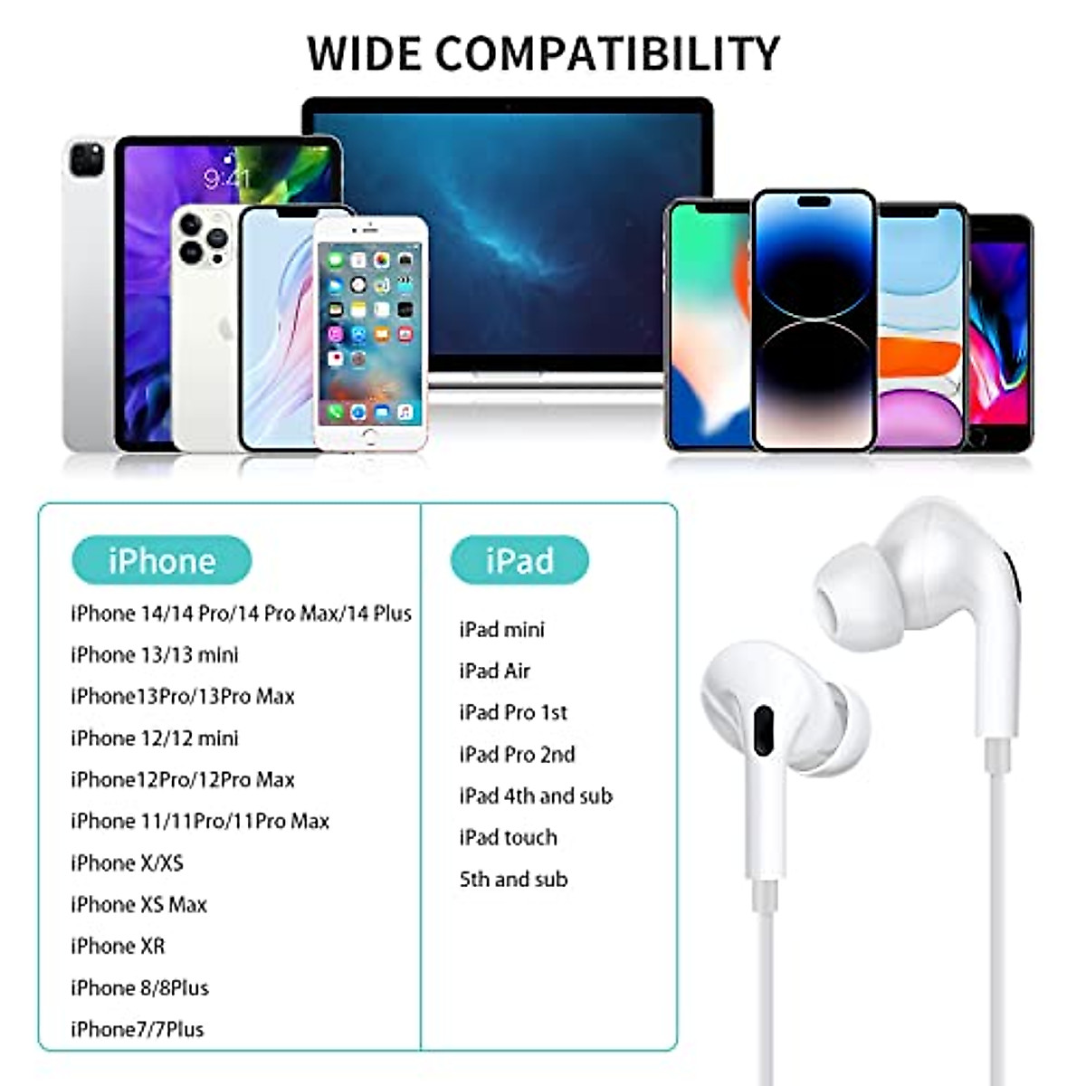 XNMOA Wired Headphones for iPhone 14 13/12/11/Se/X/Xr/Xs/8/7, Wired Earbuds Noise Canceling in-Ear Headset with Microphone,Comfortable Wired Earphones with Volume Control,White