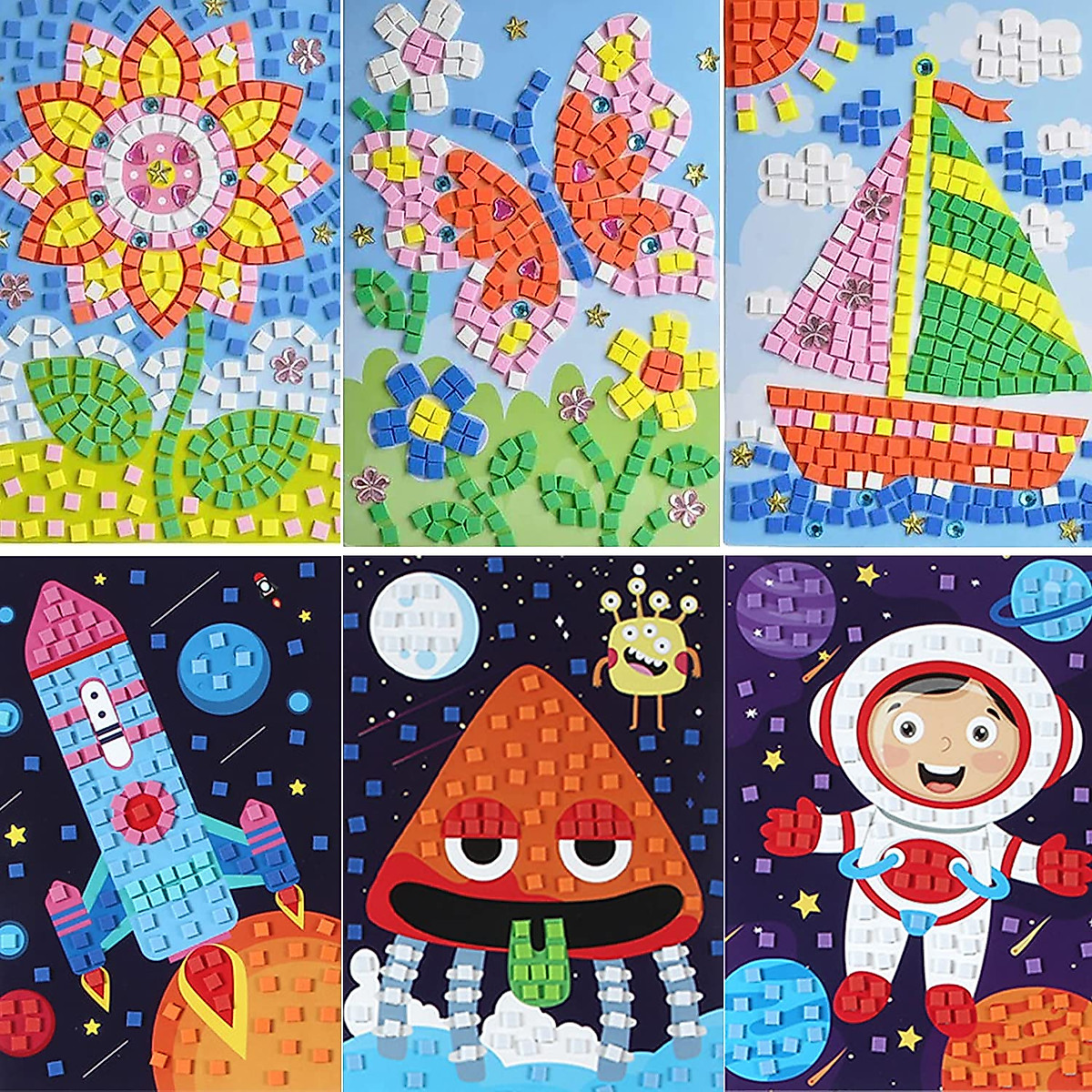 LZHZH Mosaic Sticker Art Sticky DIY Handmade Art Kits for Kids-Sunflower, Butterfly, Sailboat, Woodpecker, Hot air Balloon, Airplane Astronaut, Rocket, Spaceship, Alien, Space Station, Robot (12PCS)
