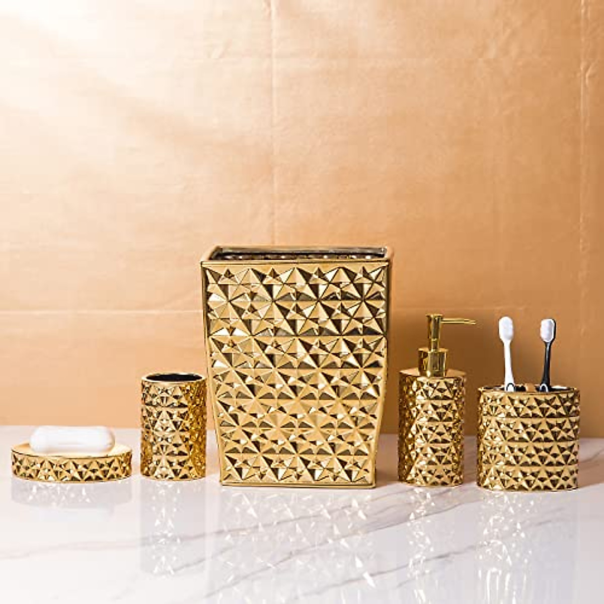 RXLVCKY Bathroom Accessories Set 5 Piece Bath Ensemble Includes Trash Can,Toothbrush Holder,Toothbrush Cup,Soap Dispenser,Soap Dish for Decorative Countertop and Housewarming Gift,Yellow Gold