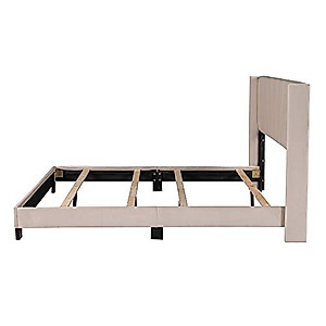 Lifeand Queen Size Velvet Upholstered Platform Bed, Box Spring Needed - Beige