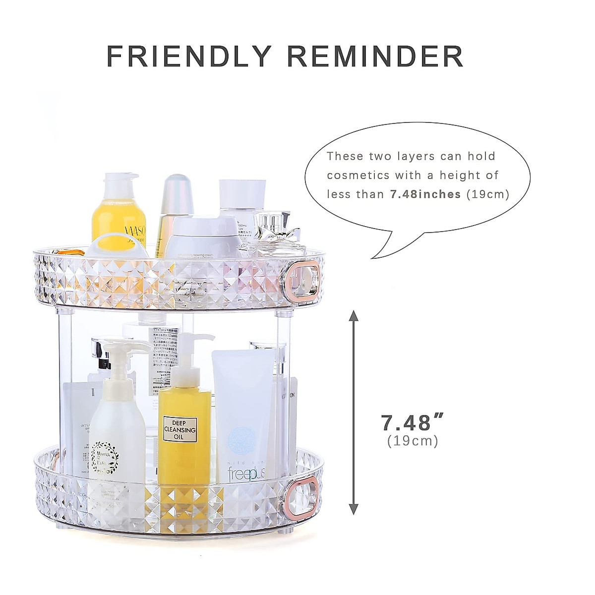 ROWNYEON Rotating Makeup Organizer 2 Tier Skincare Organizers with handle Bathroom, Diamond Texture Perfume Organizer Makeup Carousel for Vanity, Cabinets, Pantry, Fridge, Countertops, Kitchen