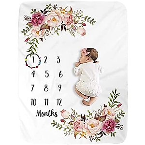 Baby Monthly Milestone Blanket for Boy Girl Soft Floral Memory Blanket Newborn Growth Chart Milestone Blanket Cute Photo Background Blanket with Wreath (51x40In)