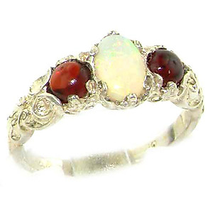 LetsBuyGold Ladies Solid Sterling Silver Natural Opal & Garnet English Victorian Trilogy Ring - Size 4.75