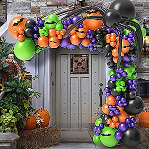 Bonropin Halloween Balloon Garland Arch kit with Black Orange Green Purple Balloons Spider Balloons, Long Balloons, 3D Bat Sticker for Halloween Theme Party Background Classroom Decorations