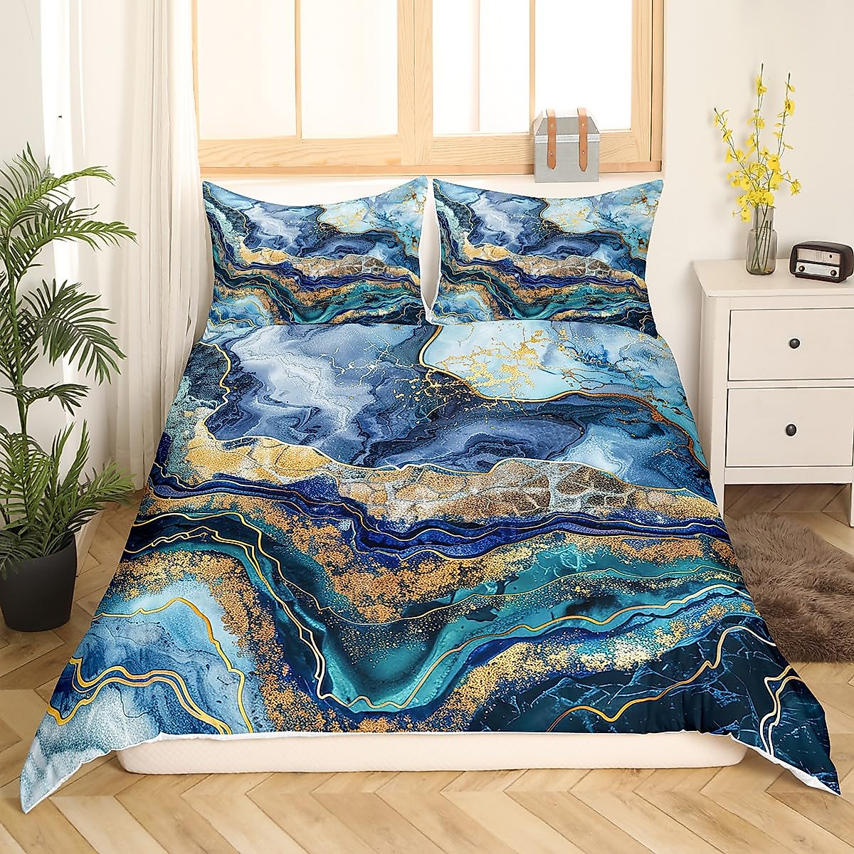 Marble Duvet Cover, 3D Print Grunge Fluid Golden Little Bit Stone Crack Gothic Impressionist Abstract Art Bedding Set, Decorative 3 Piece Comforter Cover With 2 Pillow Shams, Full Size,Teal Blue