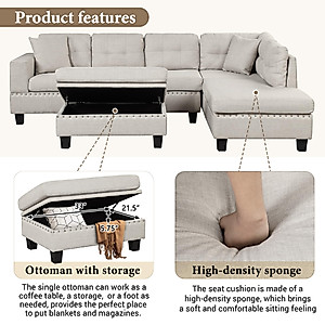 P PURLOVE Sectional Sofa with Reversible Chaise and 2 Pillows, Linen L-Shaped Sofa with Storage Ottoman and Cup Holders, Sectional Couche Living Room Furniture Sets (Light Gray)