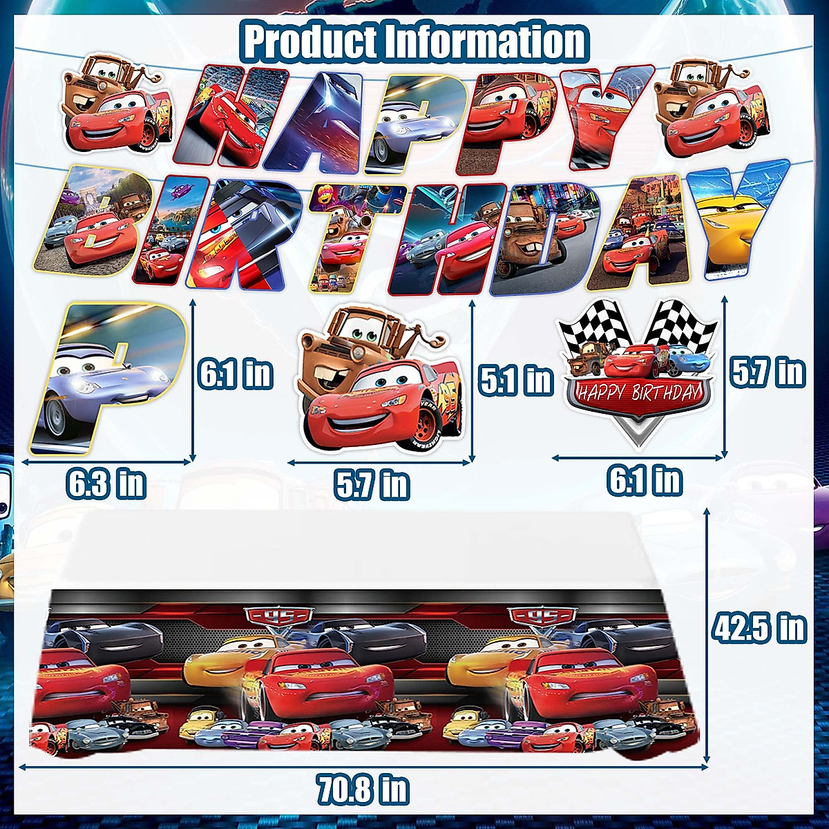 Cars Birthday Party Supplies Include Banner, Hanging Swirls, Balloons, Table Cover, Cake Topper for Cars Party Decorations