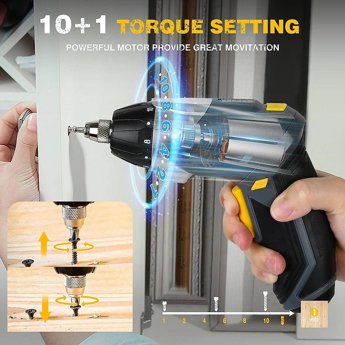 RIDA Cordless Screwdriver 4V Electric Screwdriver Rechargeable Screw Gun Kit w/10+1 Torque & 2 Position Handle, 3 LED work indicator & LED flashlight, 58pcs Accessories and Tool Box New Year presents