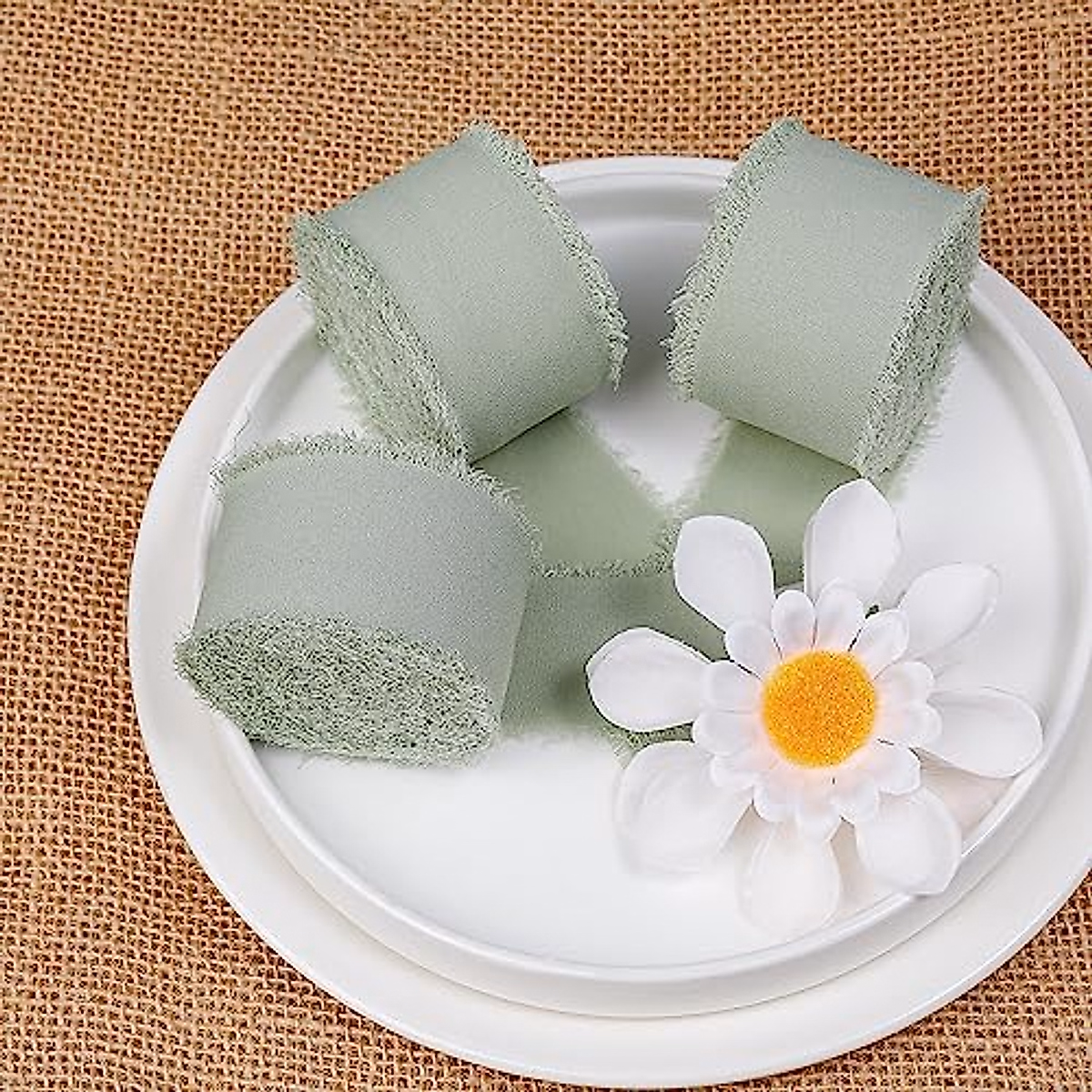 IBEEDOW 1.5" x 36Yd Chiffon Ribbon 3 Rolls Sage Green Handmade Fringe Chiffon Silk Ribbon Set for Gifts Wrapping, Wedding Invitations, Bridal Flower Bouquets Decoration, DIY Crafts(Each Roll 12Yd)