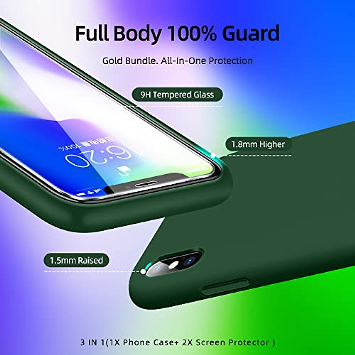 Dssairo [3 in 1 for iPhone x Case/iPhone Xs case, with 2 Pack Screen Protector, Liquid Silicone Slim Shockproof Protective Phone Case 5.8 inch [Microfiber Lining] (Alpine Green)