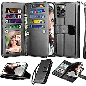 NJJEX Wallet Case for iPhone 14 Pro Max 6.7" 2022, for iPhone 14 Pro Max Case, [9 Card Slots] PU Leather ID Credit Holder Folio Flip [Detachable] Kickstand Magnetic Phone Cover & Lanyard [Black]