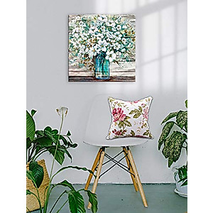 3LDECOR Country Style Canvas Wall Art Teal Blue Mason Bottle White Flower Rustic Wall Decor Art Hanging in The Bedroom Bathroom Living Room Dining Room Office Fireplace Kitchen Murals Decor