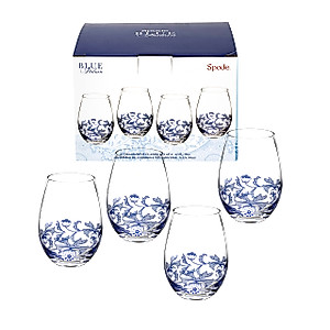 Portmeirion Spode Blue Italian Stemless Wine Glasses | Set of 4 | 19-Ounce Capacity | Red or White Wine Glass | Tumblers for Water, Cocktails, and Other Beverages