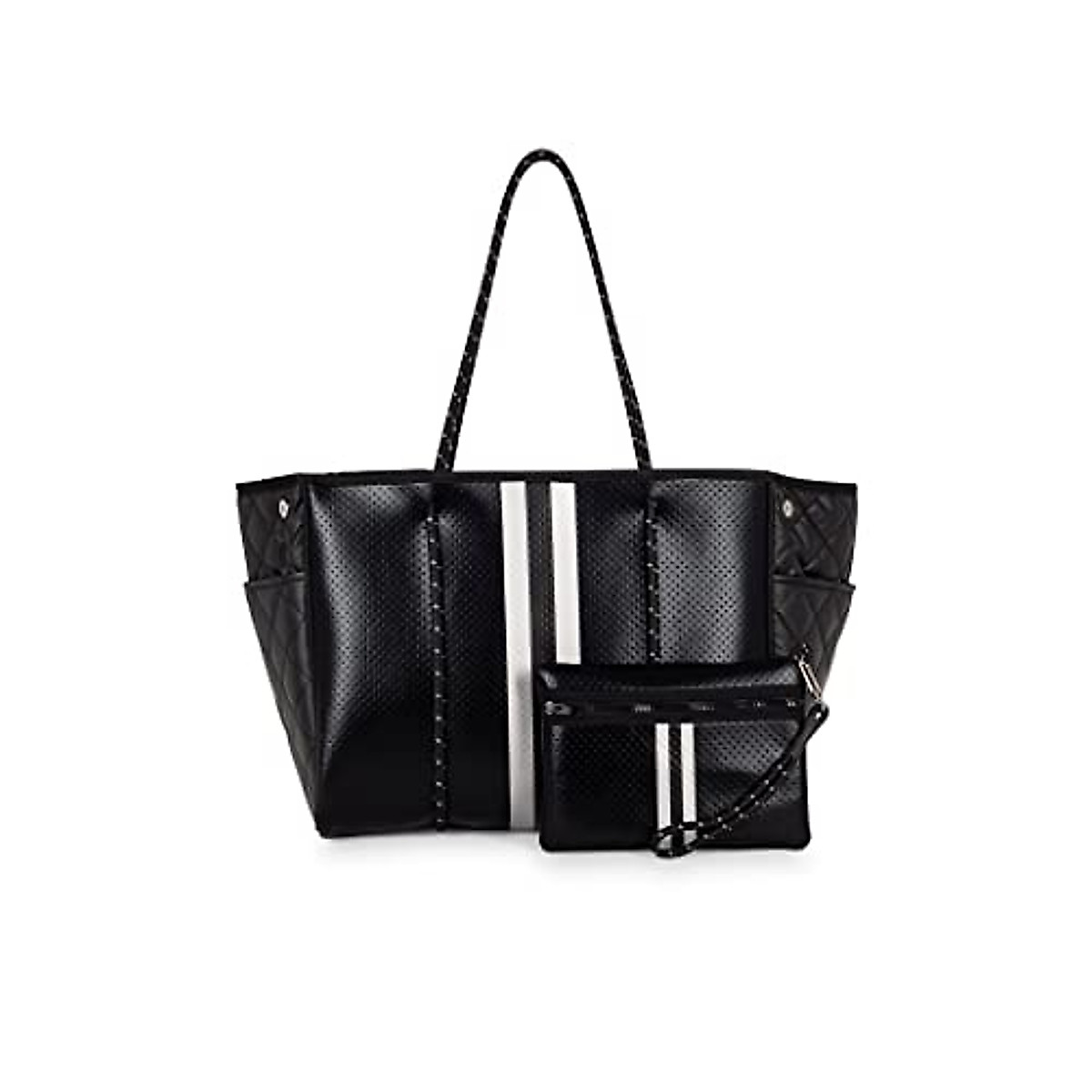 Haute Shore - Greyson Carbon Neoprene Tote Bag w/Zipper Wristlet Inside,Black Coated W/Silver & Black Stripe,One_Size
