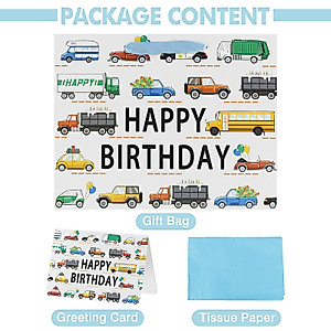 13" Large Car Happy Birthday Gift Bag for Baby Boy Kids with Tissue Paper and Card (Vehicle)