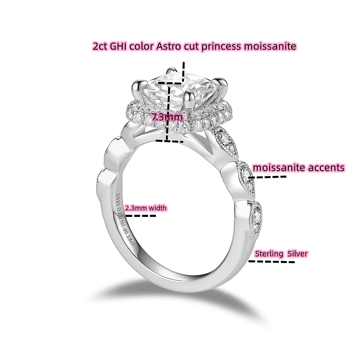 DovEggs 2 carat Center 7x7mm G-H-I Color Princess Astro Cut Moissanite Halo Engagement Ring Sterling Silver with Accents for Women Band Width 2.3mm (5.5)