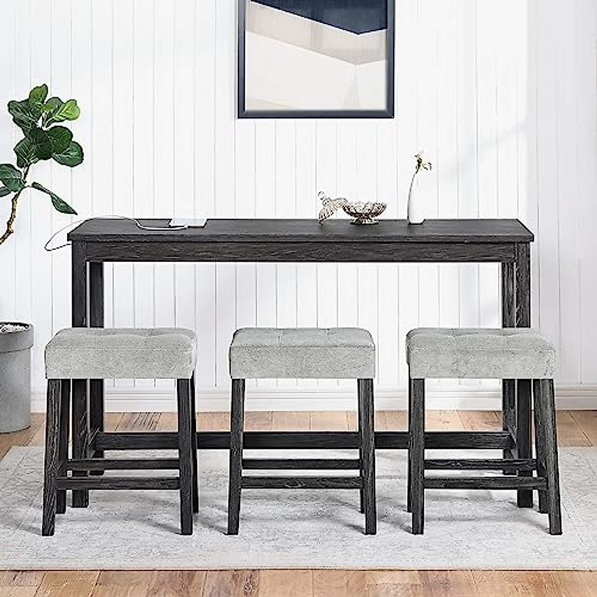 Merax 4 Piece Bar Table Set with Power Outlet,Dining Bar Table and Chairs Set,Industrial Breakfast Table with 3 Padded Stools,for Living Room, Dining Room, Game Room(Black+ Gray)