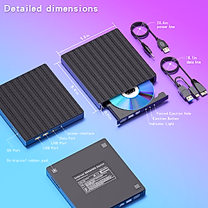 aelrsoch External CD/DVD Drive for Laptop DVD Driv with SD Card Slots Reader and 4 USB Ports, USB 3.0 Type-C CD/DVD Burner External Disk Drive Optical Compatible with Laptop Mac PC Windows 11/10/8/7