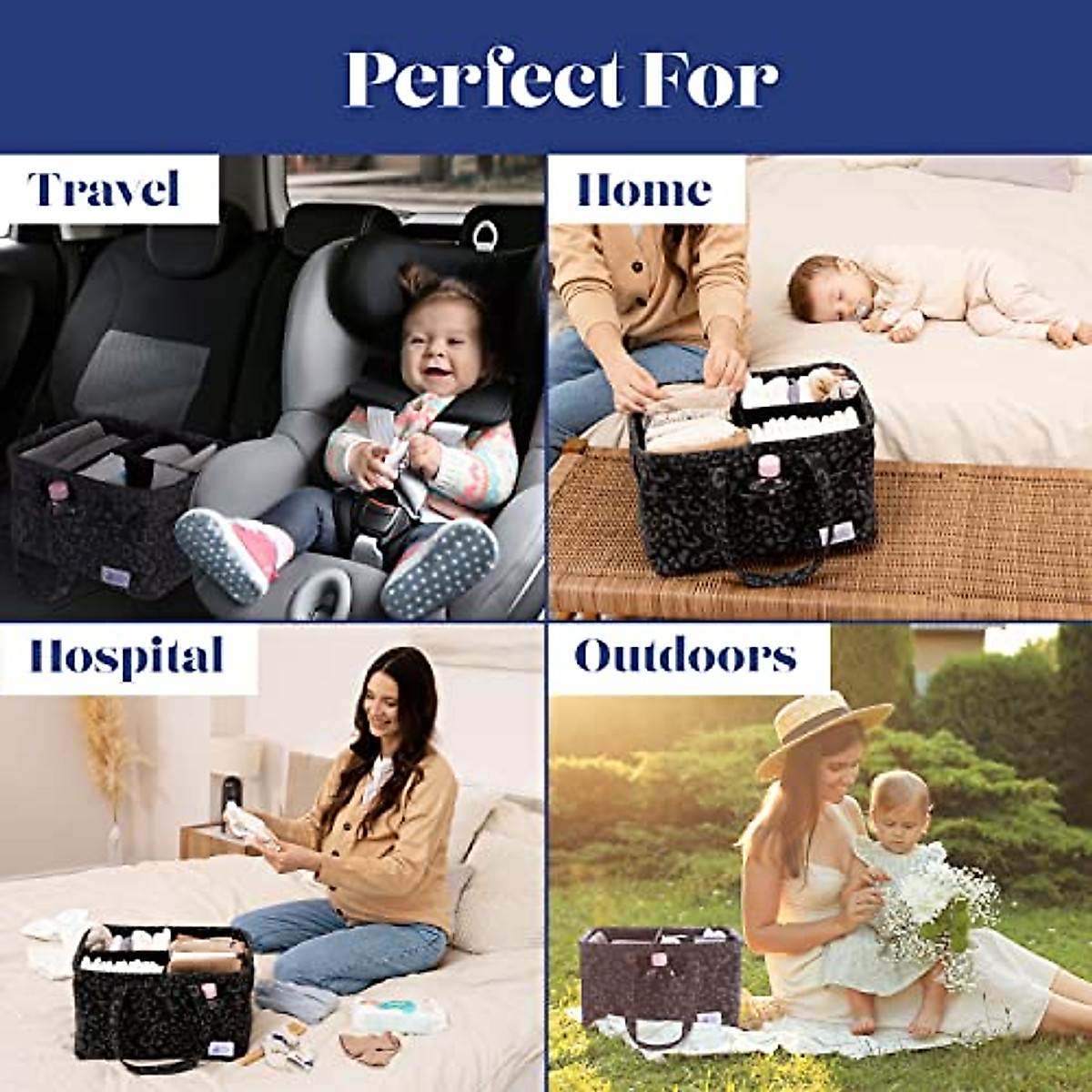 The Blissful Bump Diaper Caddy Organizer, Storage Basket, Caddy organizer with Handle, Baby Organizer for Nursery -Modern Diaper Basket for Boy, Girl, Charcoal Gray Leopard Print